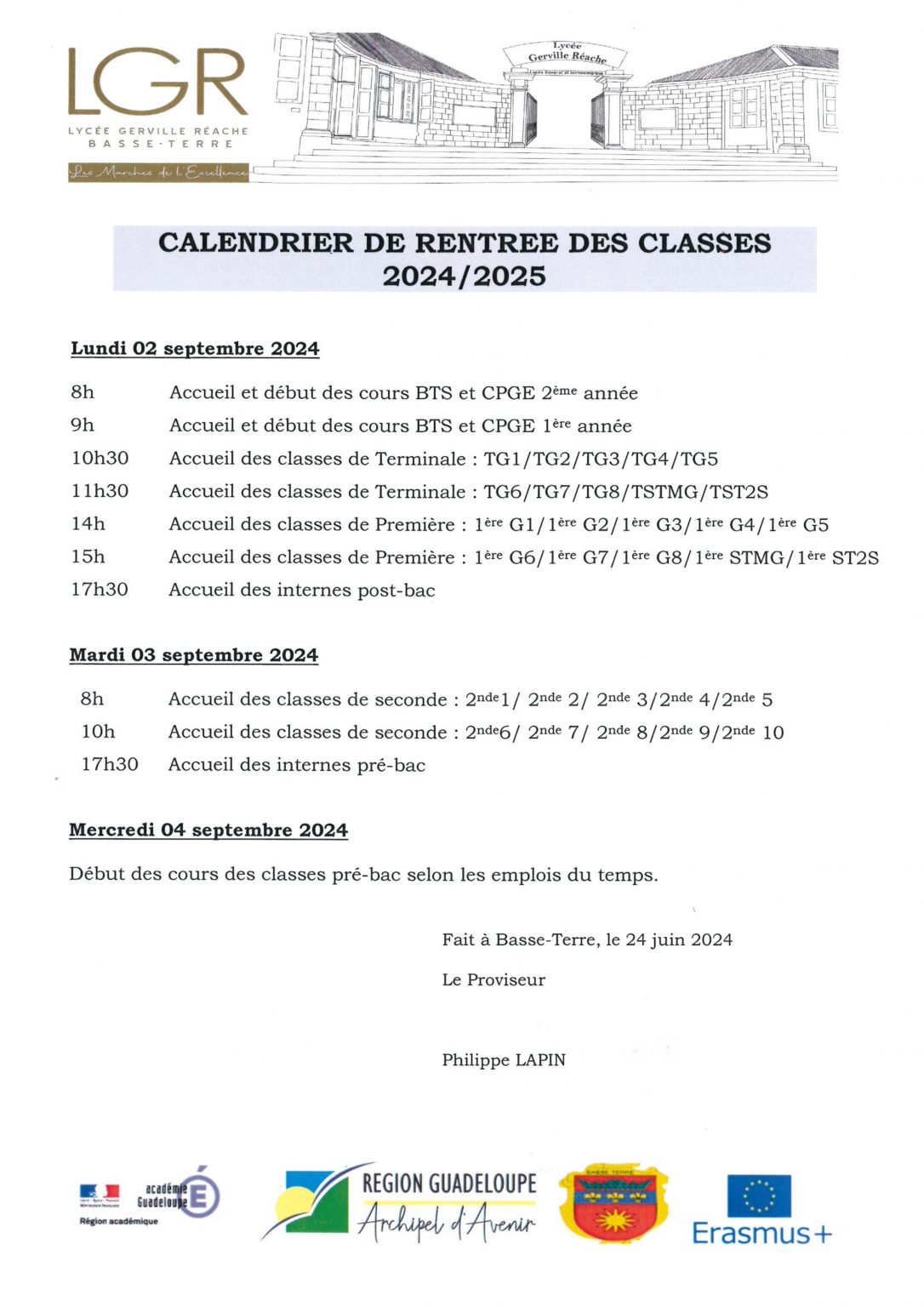 Calendrier de rentrée 2024 – 2025 – Lycée Gerville Réache
